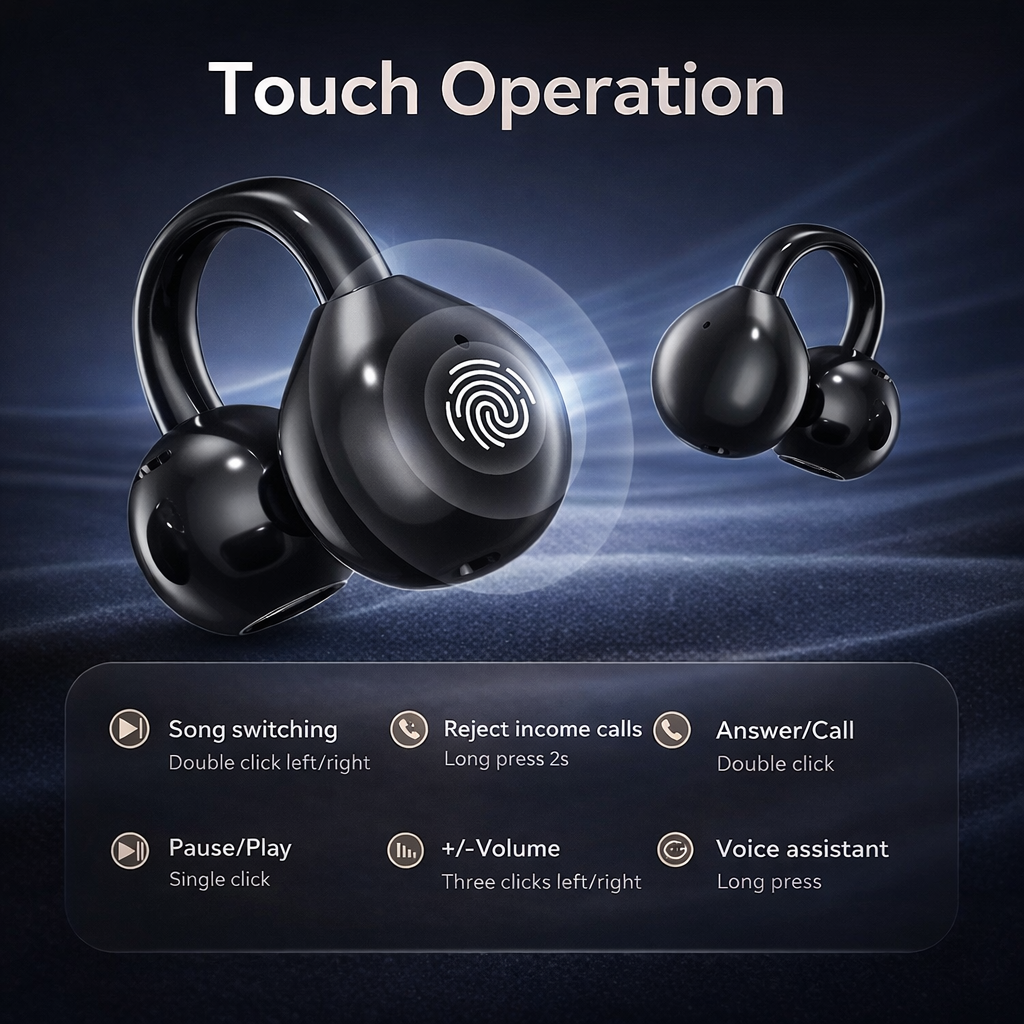Bluetooth 6.0 Ear Huggers with Screen & IPX5 Armor – Shadow Katana