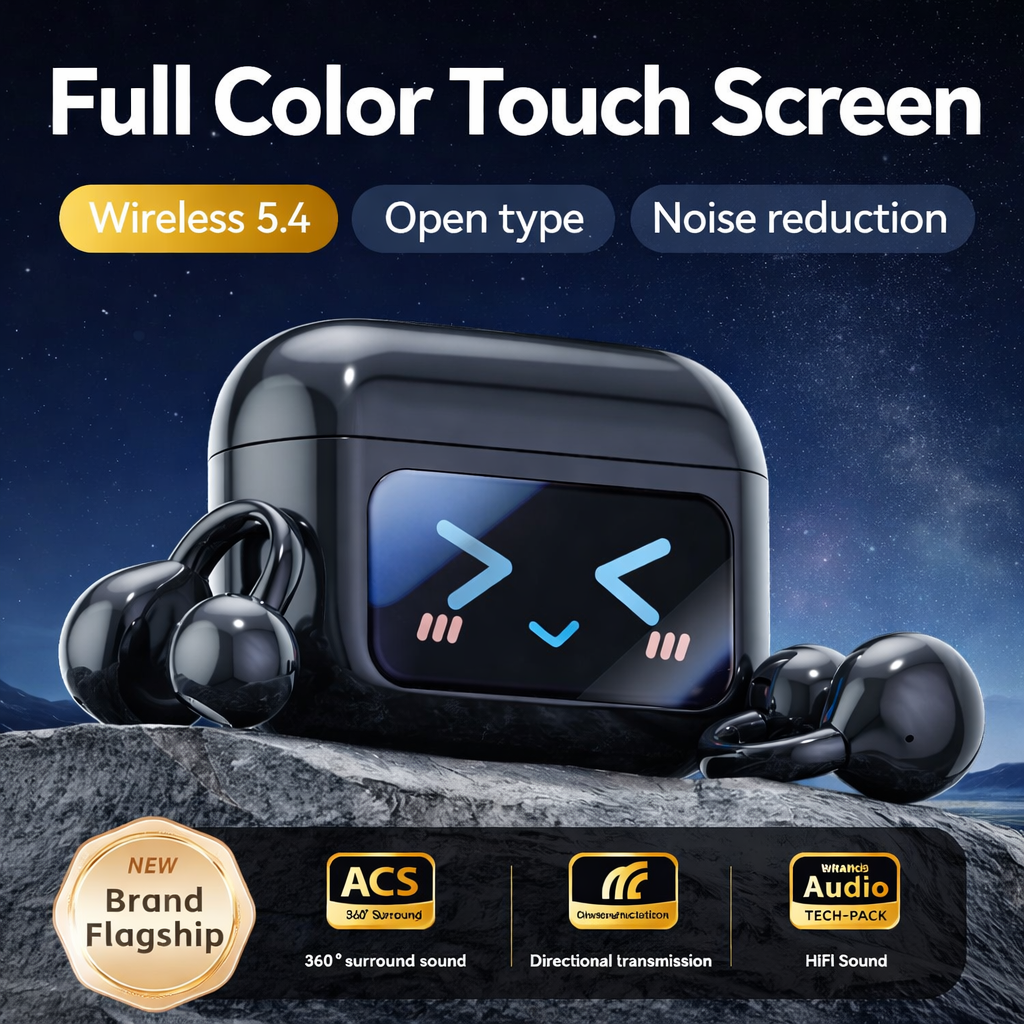 Bluetooth 6.0 Ear Huggers with Screen & IPX5 Armor – Shadow Katana